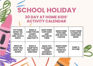 FREE, printable kids school holiday HOME ACTIVITY CALENDAR!
